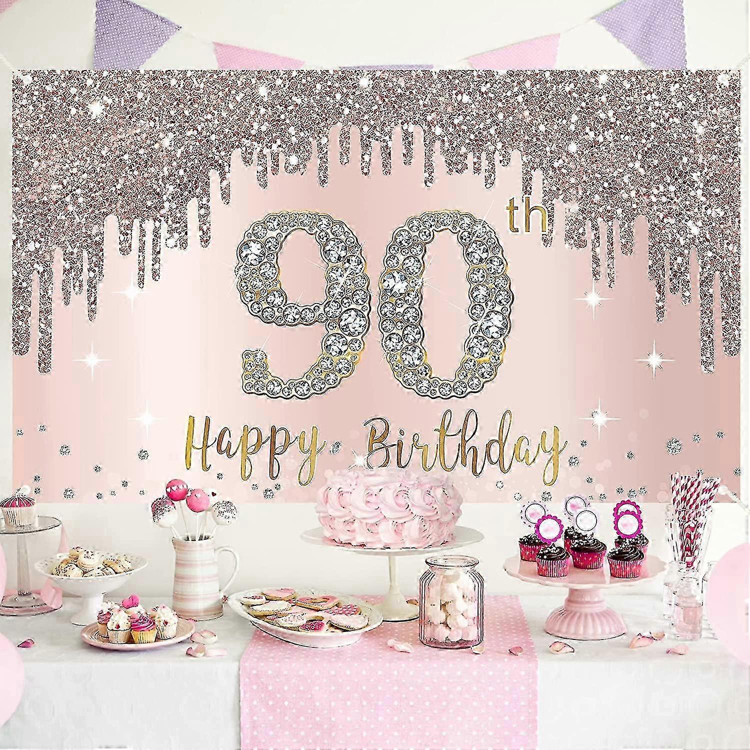 Happy 90th Birthday Banner Backdrop Decorations For Women, Rose Gold 90 ...