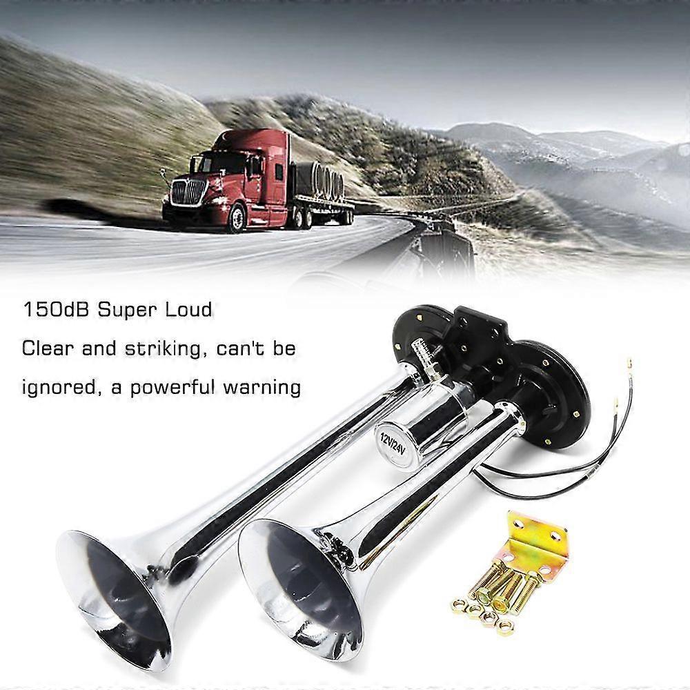 Dual Trumpet Electric Horn Loud Chrome Air Horn Speaker Kit 150dB 12V/24V Universal for Train ...