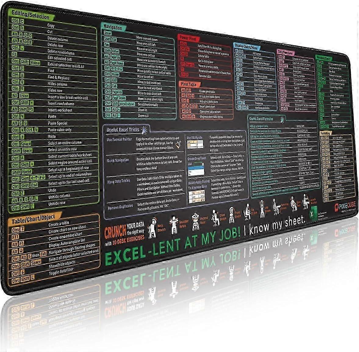 Excel Shortcut Keys Mouse Pad - Extended Large XL Cheat Sheet Gaming ...