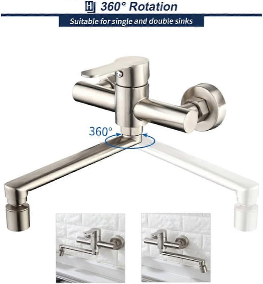 Wall Mounted Kitchen Tap With 2 Jets Sink Mixer Tap 360 Swivel Wall ...