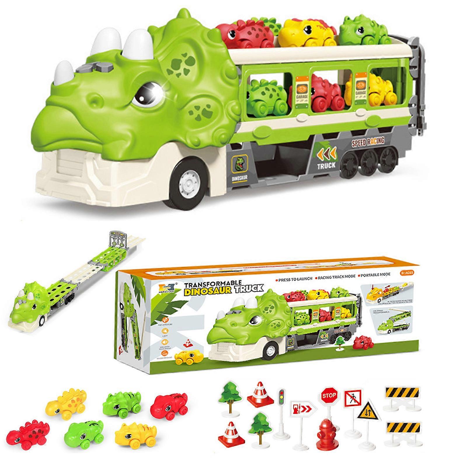 6 Dino Race Cars, Dinosaur Transporter Folds Into 4-Ft Racing Track w ...