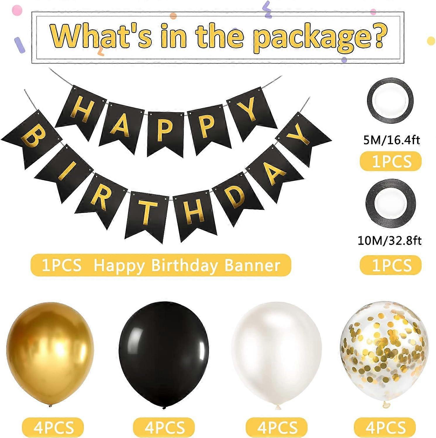 Happy Birthday Banner Confetti Black and Gold Balloons Confetti Latex ...