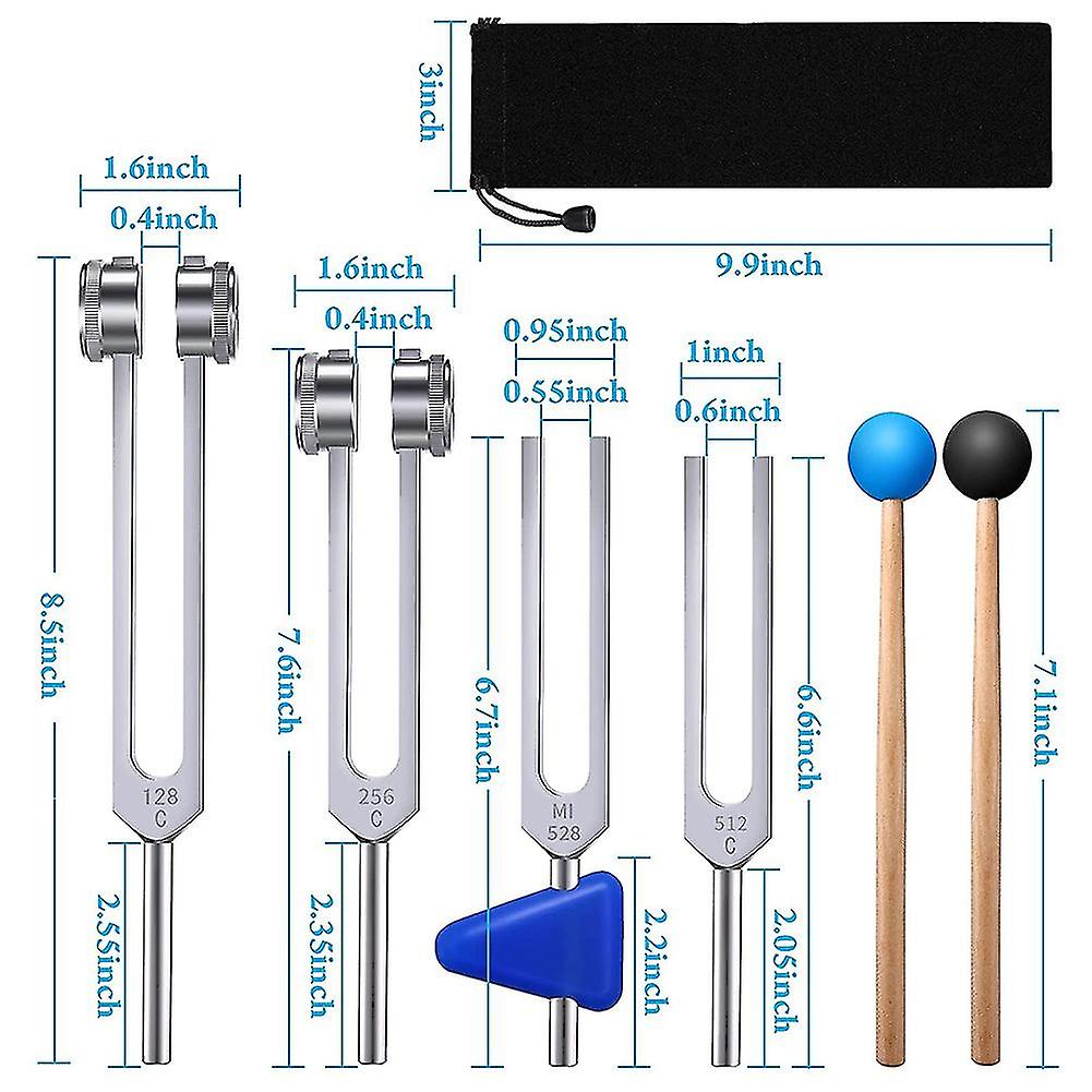 4 Pack Tuning Fork Set(128 Hz,256 Hz,512 Hz,528 Hz)with Tuning Fork Hammer For Sound Sound ...