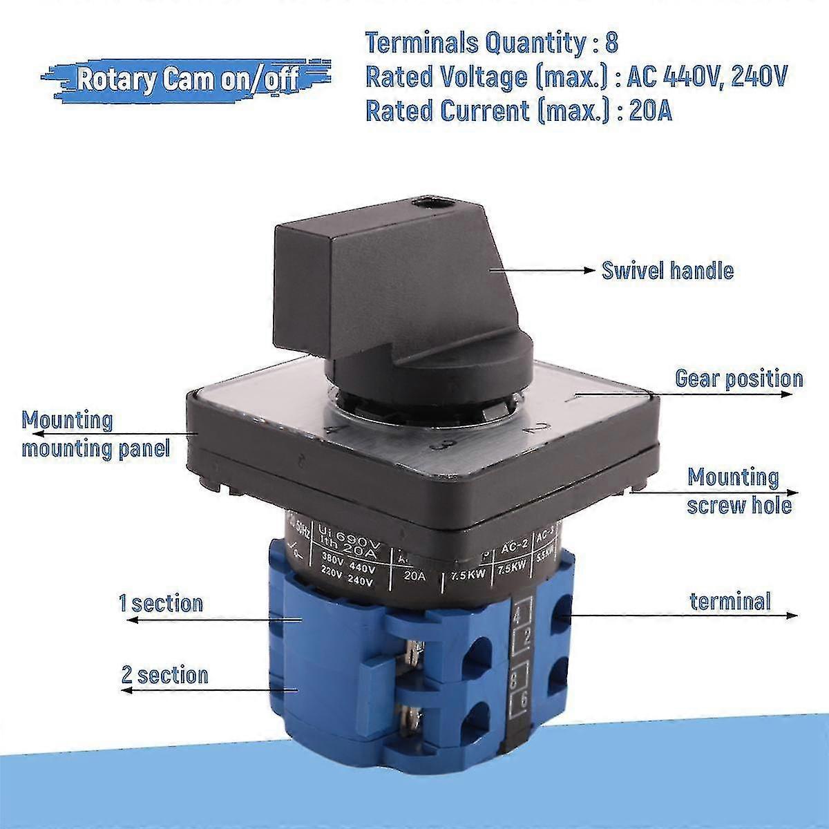 Universal 8 Terminals 5 Postions Master Control Rotary Cam Switch 20A ...