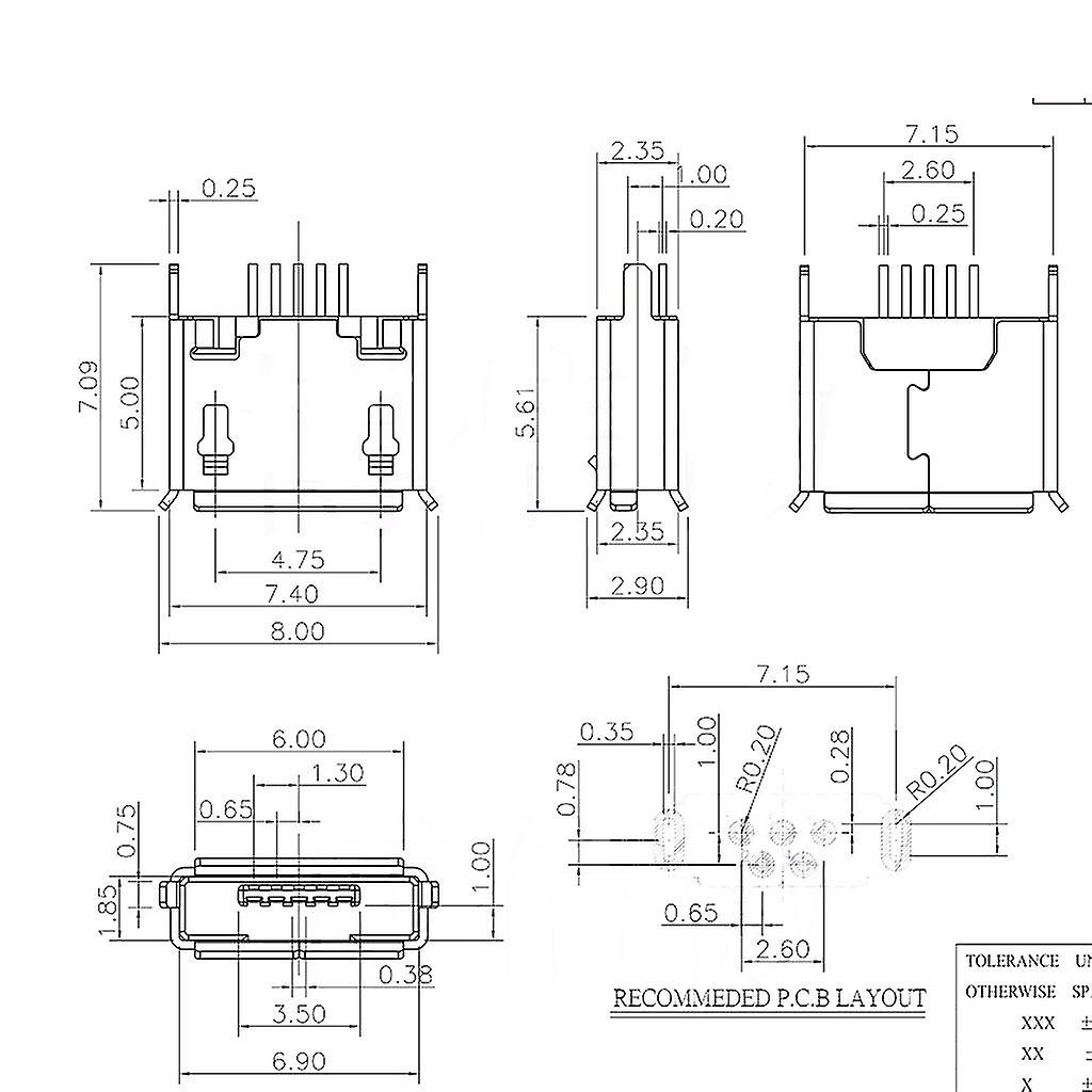 10 Pcs Micro Usb Type B Female Socket 180 Degree 5-pin Smd Smt ...