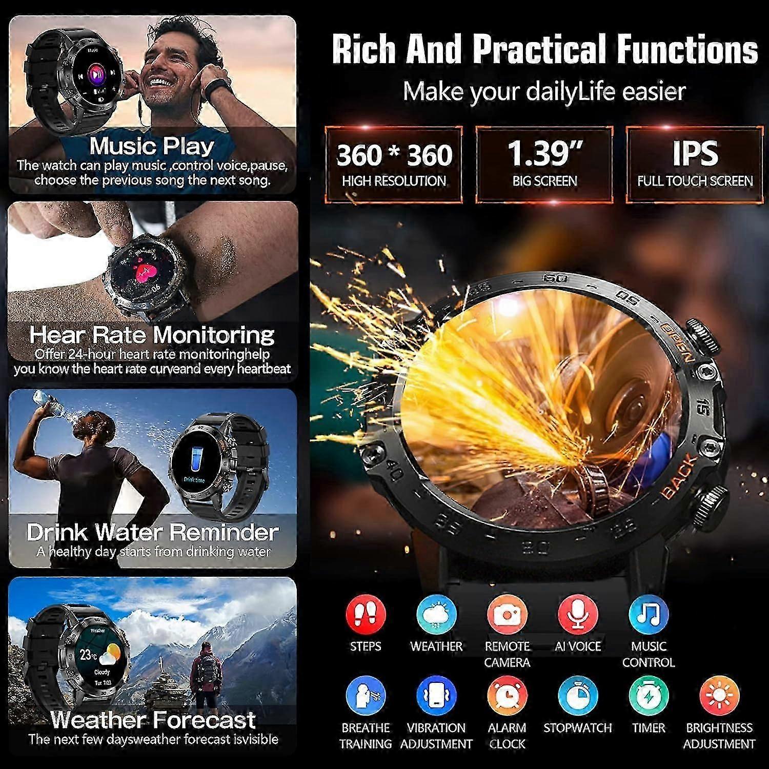 Smartwatch men, telephone function 1.39" HD touchscreen watches fitness ...