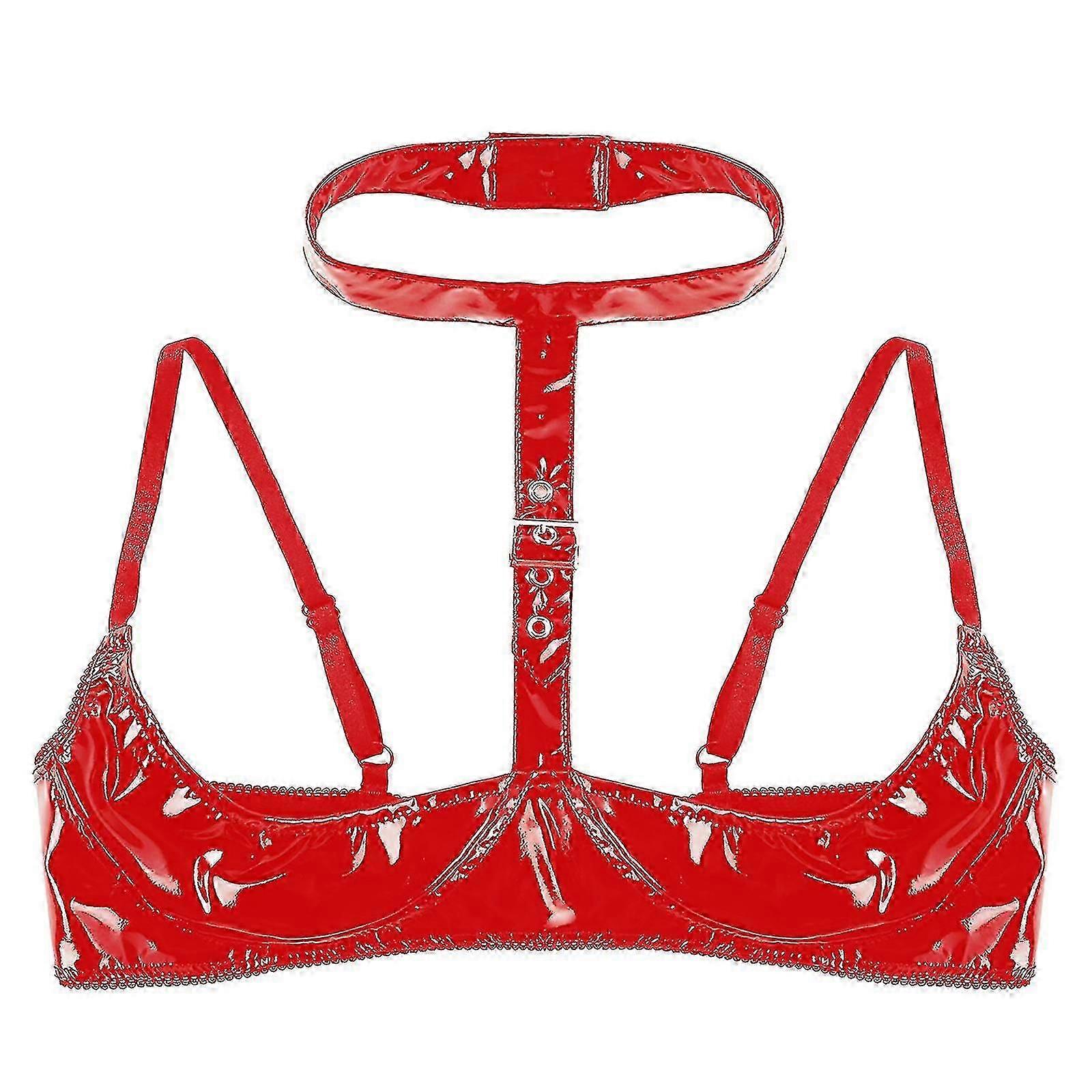 Otwoo Womens Wet Look Patent Leather Bra Lingerie Halter Neck Open ...