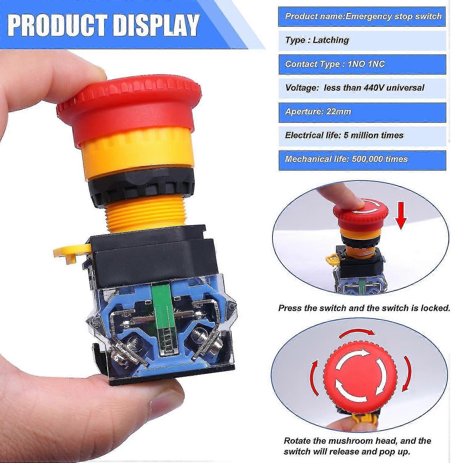 Latching Red Mushroom Emergency Stop Switch - 440v 10a, 1nc 1no | Fruugo UK