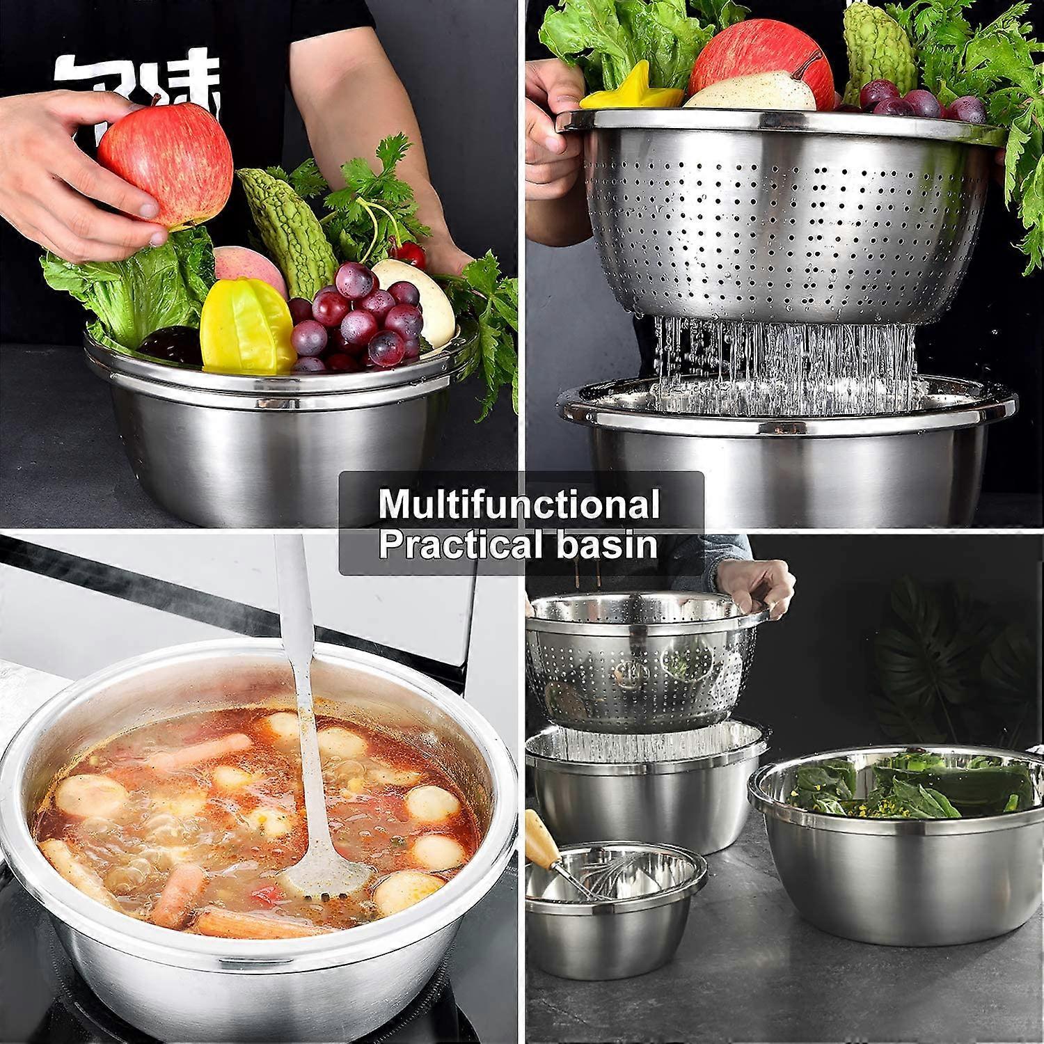 2 Pcs 26cm Mixing Bowls and Strainers Stainless Steel Bowl Salad Bowl ...