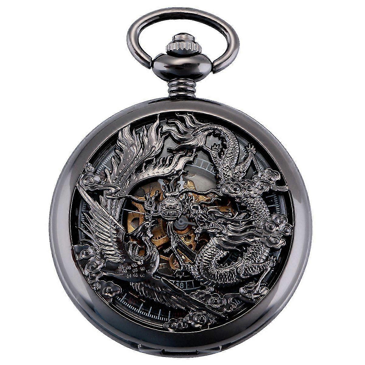 Retro Men's Pocket Watch With Chain Analogue Manual Winding Dragon ...