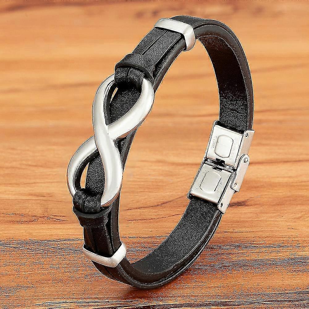 Luxury Genuine Leather Infinity Symbol Mens Bracelet Stainless Steel ...