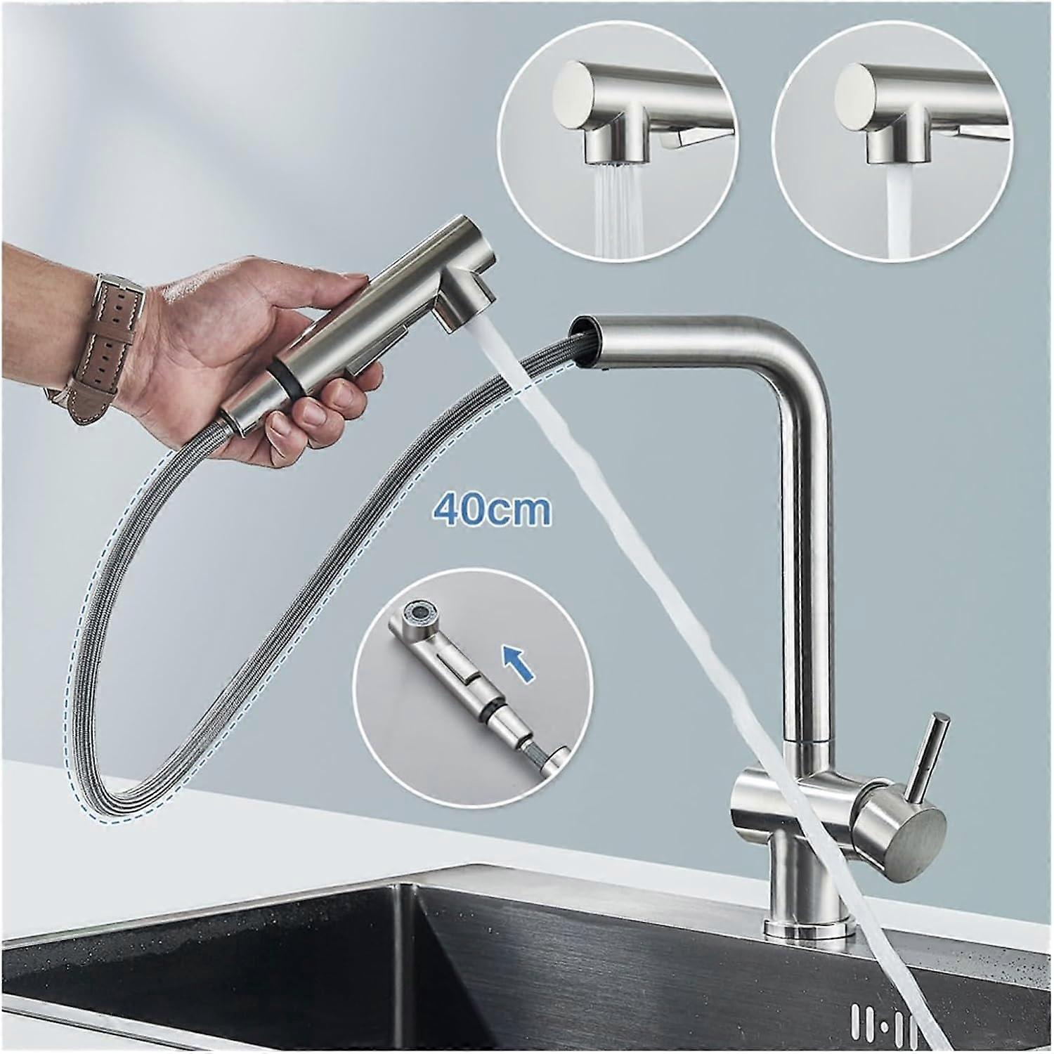 Brushed Nickel Pull Out Kitchen Sink Faucet High-Pressure Two-Mode ...