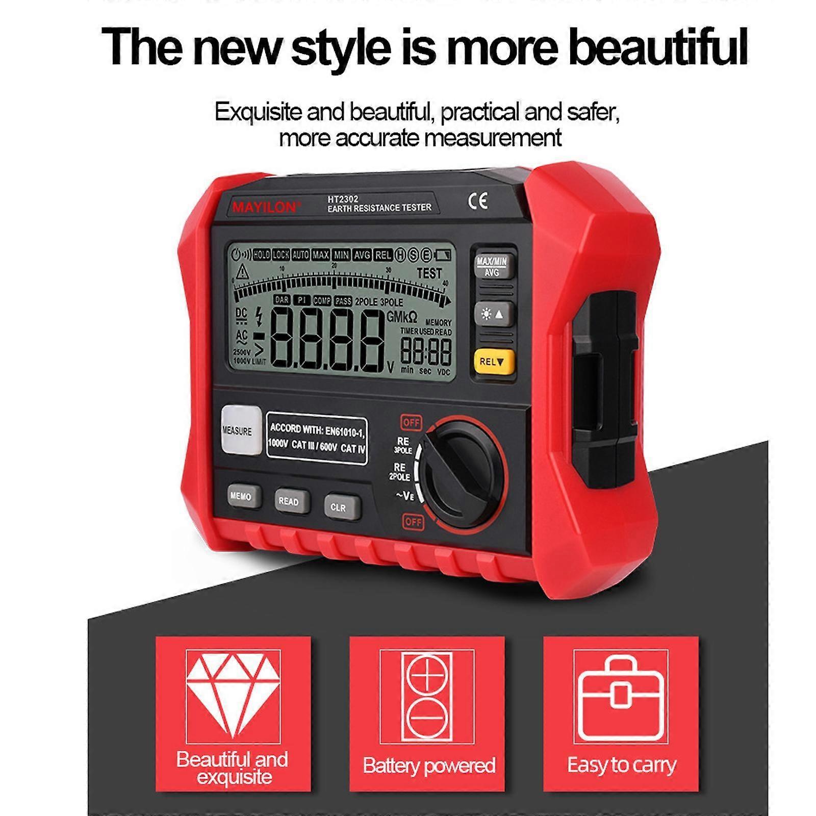 Earth Resistance Tester Backlight LCD Display Handheld Ground Voltage ...