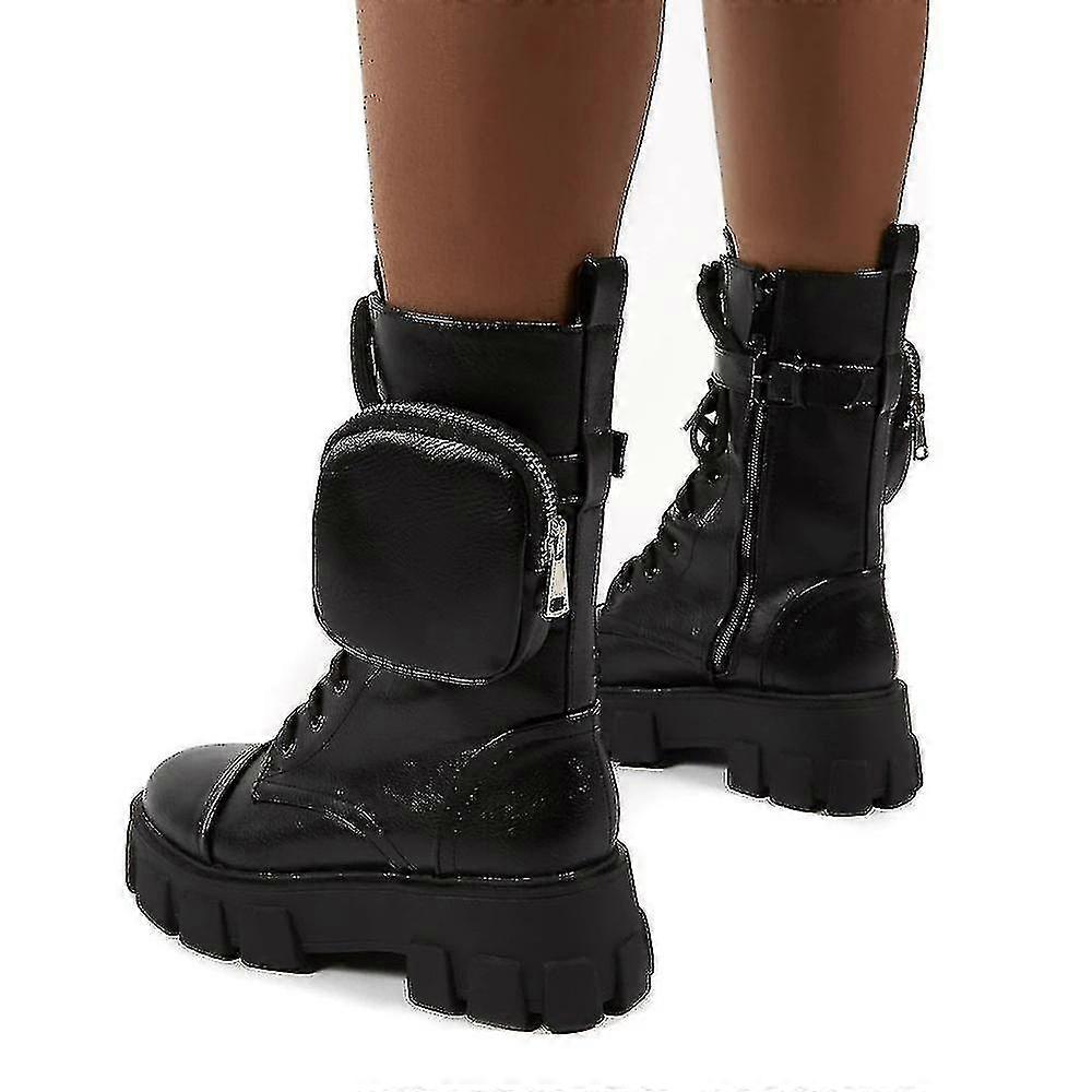 Female Pocket Lace Up Boots Buckle Strap Chunky Pouch Ankle | Fruugo UK