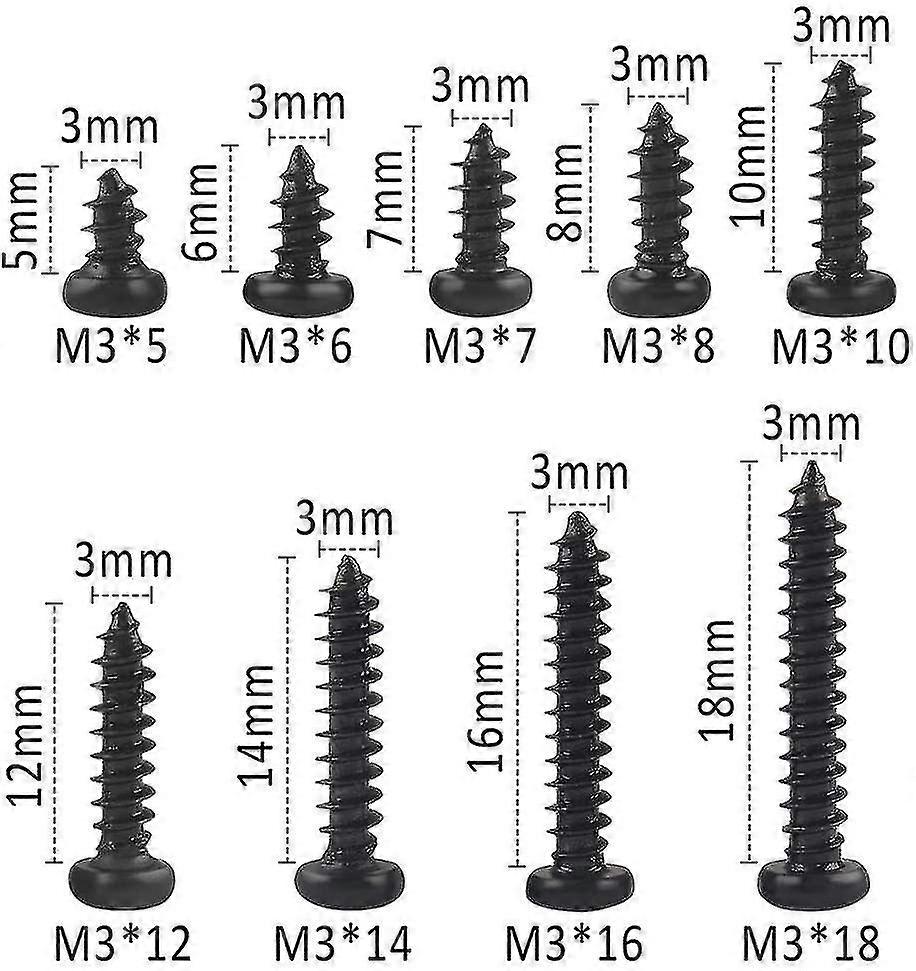 Black M3 Self Tapping Screw,450 Packs Stainless Steel Tapping Screw ...