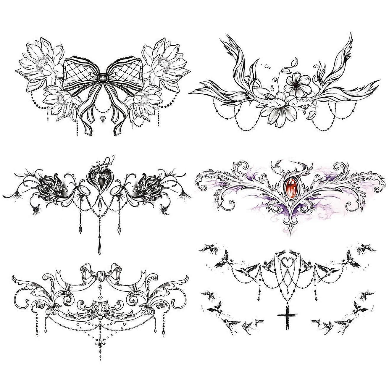 6 Sheets Temporary Chest Tattoos for Women, Dragonfly Butterfly Flower ...
