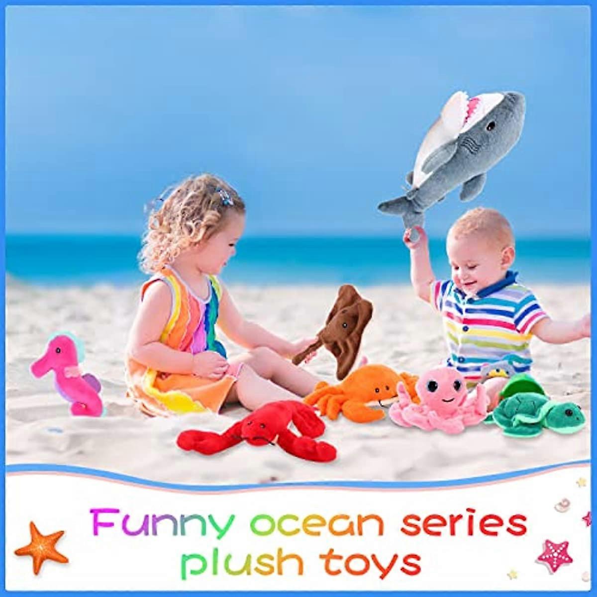 18 Inch Plush Great White Shark with 7 Pcs of Soft Stuffed Sea Animals ...