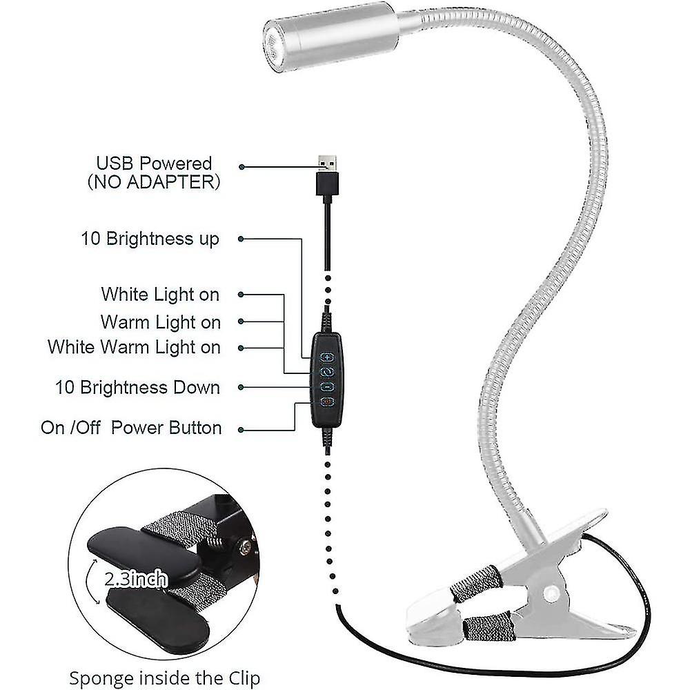 Clip On Lamp Reading Light Led Desk Clamp Lamp 3 Brightness Book Night ...