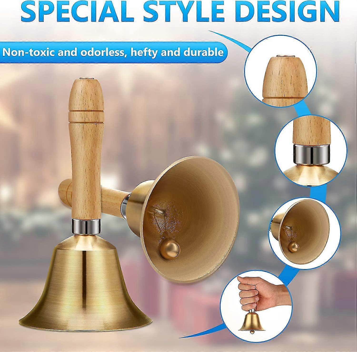 2 Pieces Solid Brass Hand Call Bells With Wooden Handle Handbells Loud ...