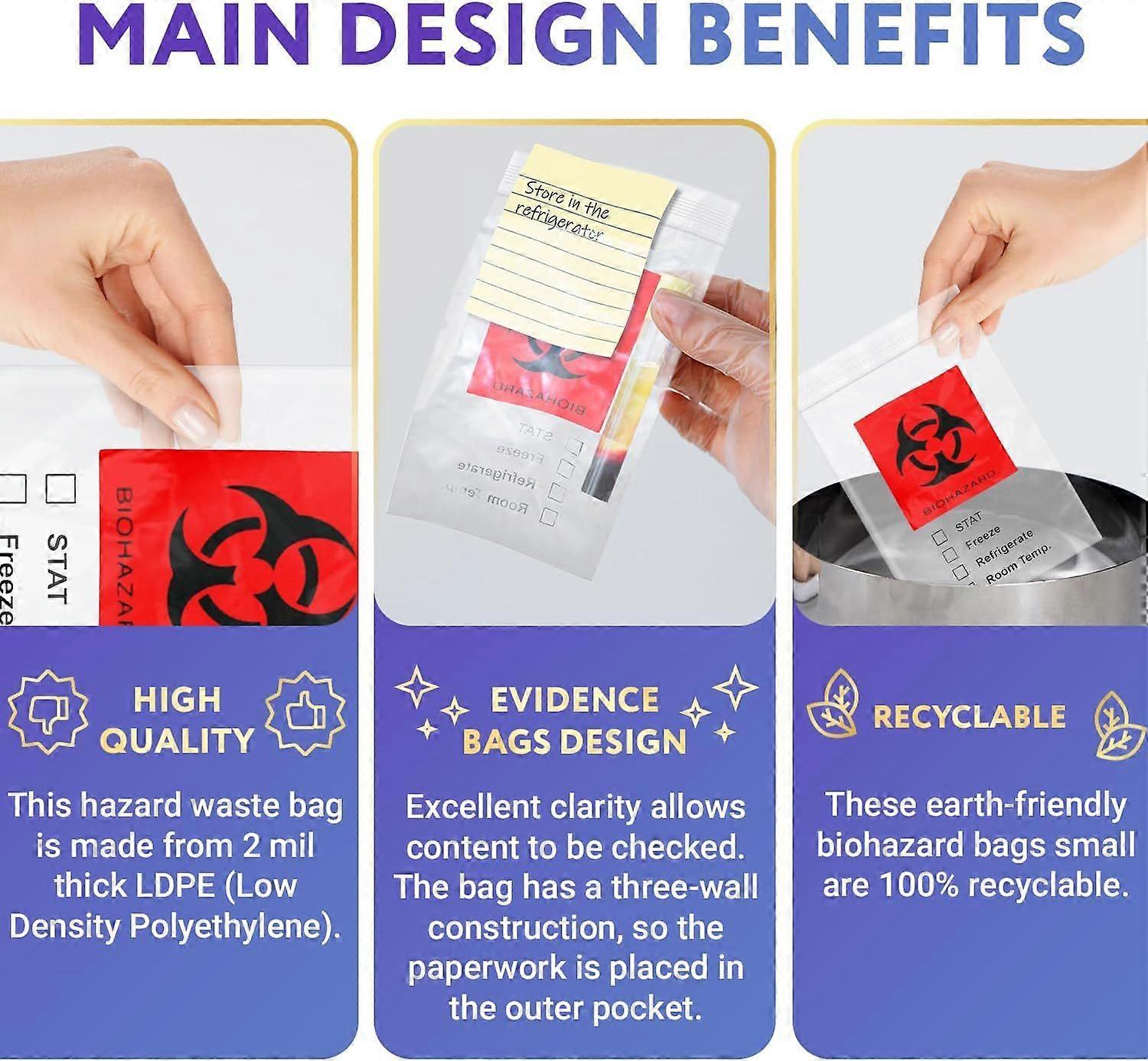 Pack of 100 Biohazard 3 Wall Specimen Bags 8 x 10. Zipper Biohazard Lab ...