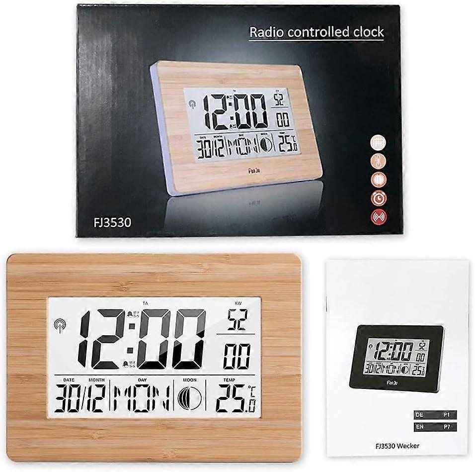2024 Funkuhr digitale Uhr mit dcf Zeitsignal, Geh?use mit echtem Bambus ...