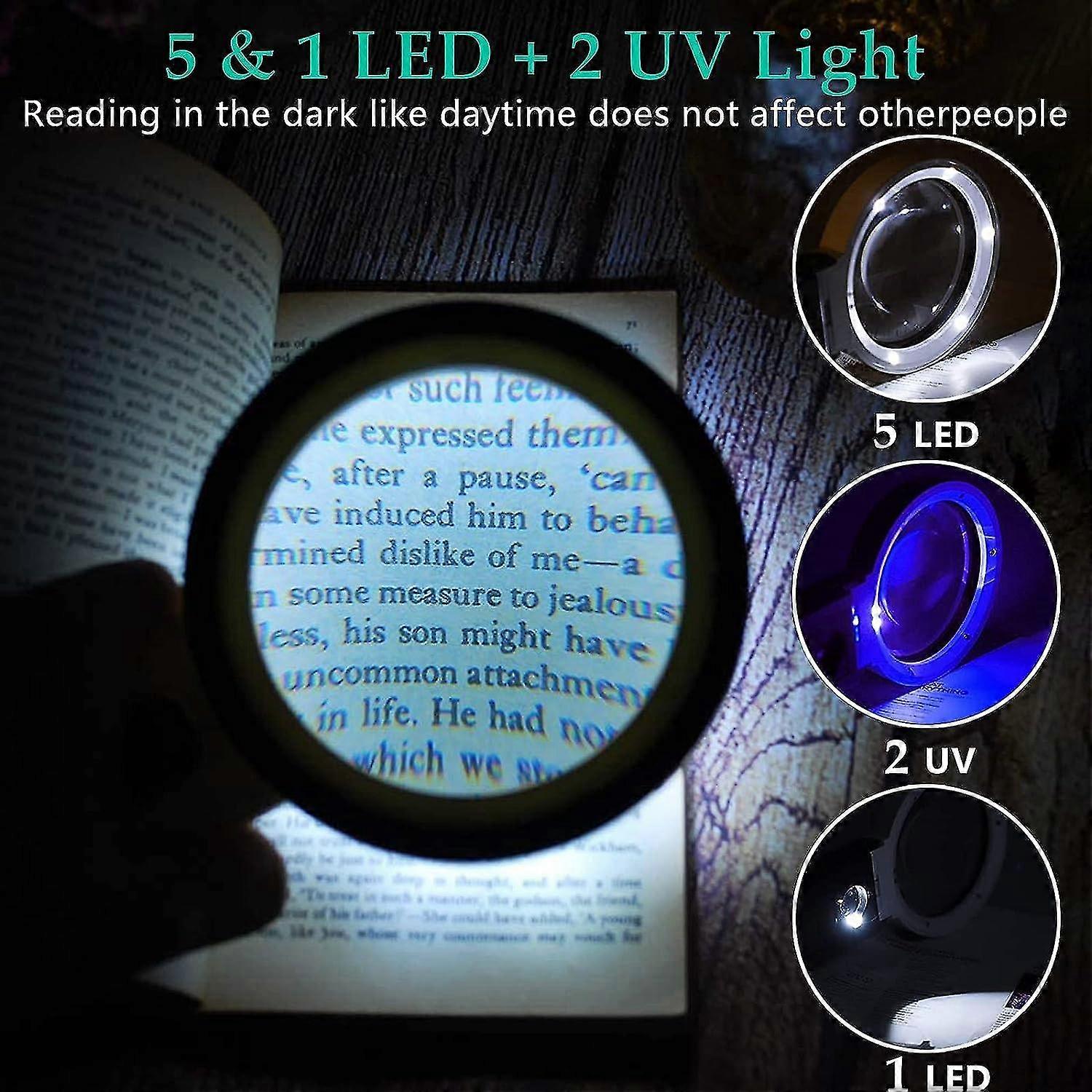 25x 6x Lighted Reading Magnifier, Magnifying Glass With 6 Led 2uv Light ...