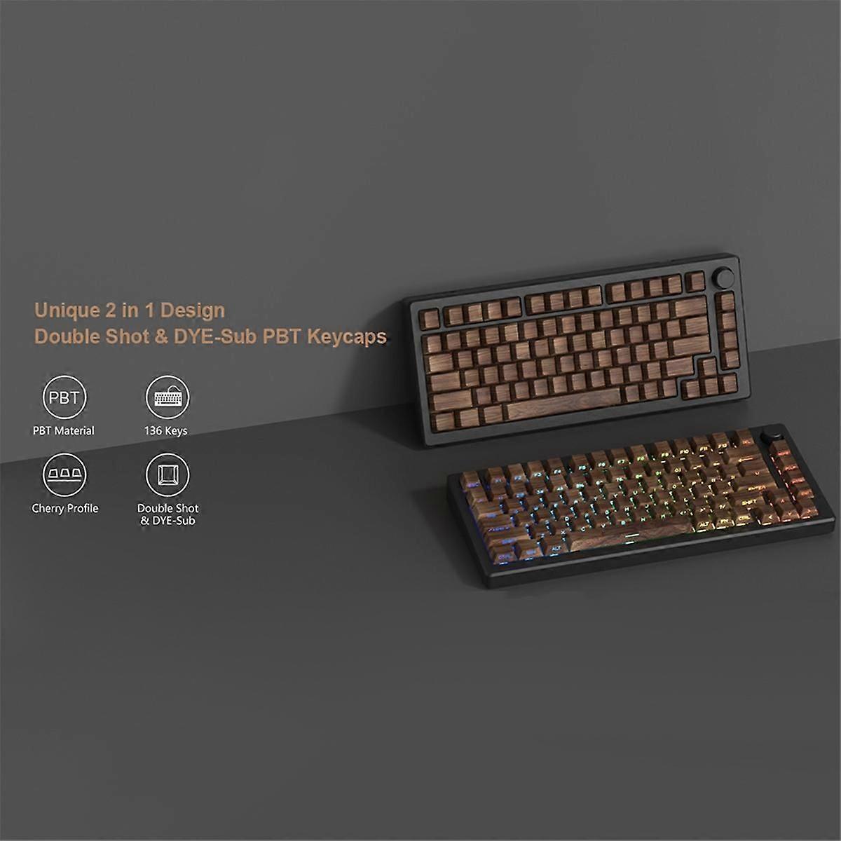 136 Keys Walnut Wood Grain Keycaps Side Print PBT Keycaps Backlit ...