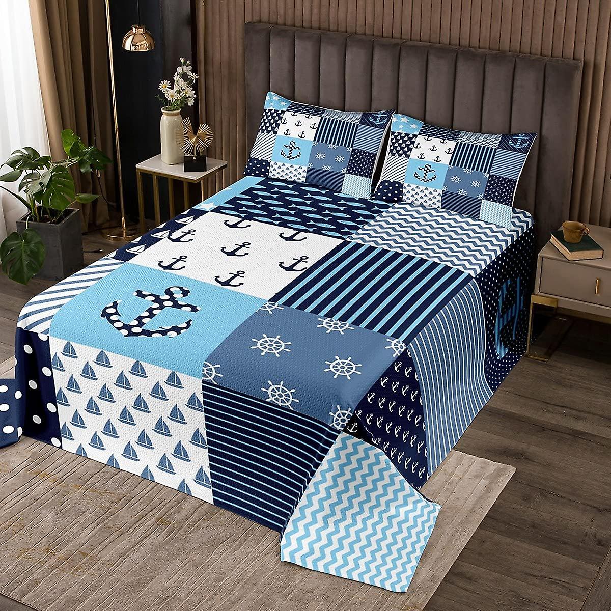 Nautical Bed Throw Navigation Theme Patchwork Day Deck Double Quilted Bedspread Blanket Anchor ...
