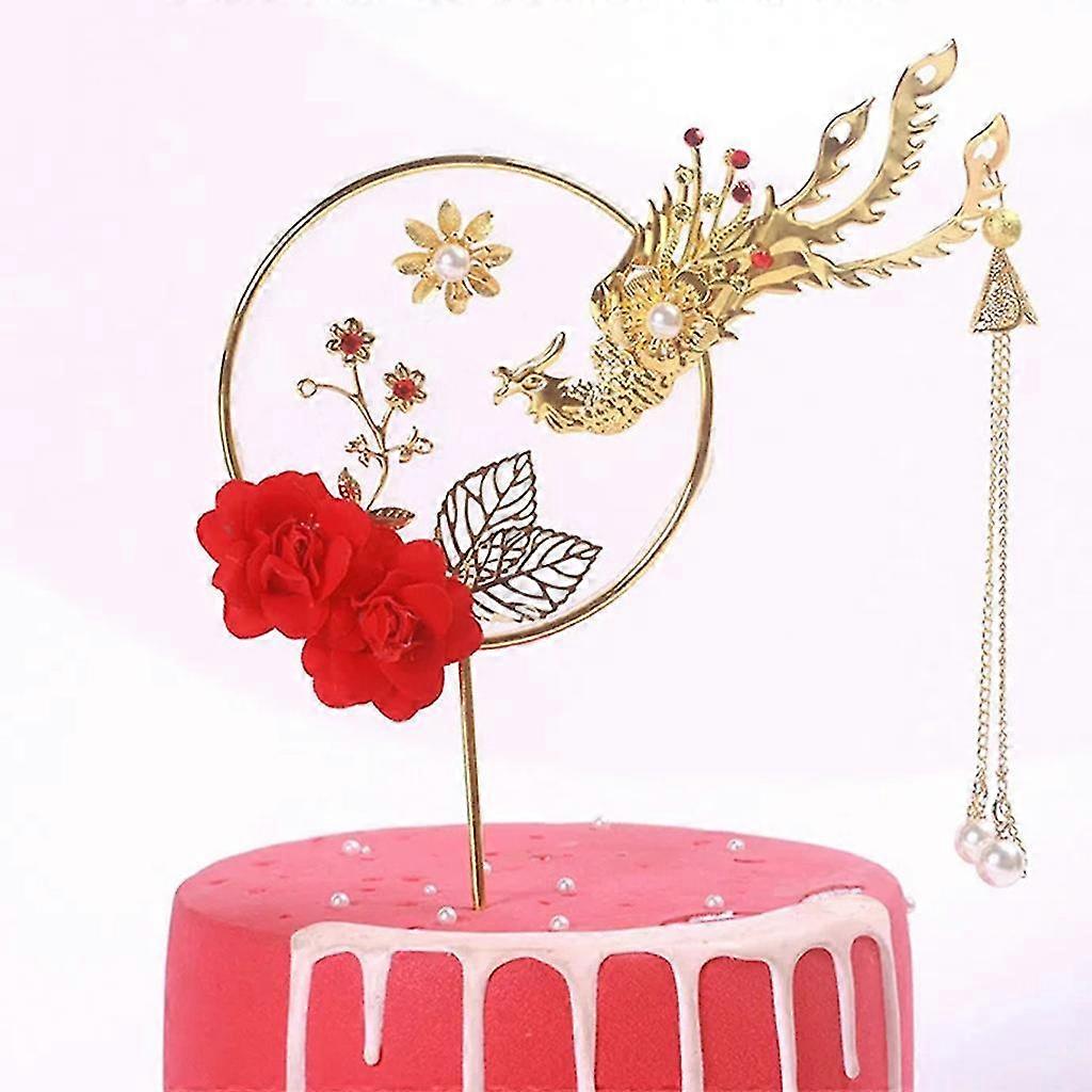 Alloy Phoenix Cake Decoration Red Rose Cake Topper For Chinese Wedding ...