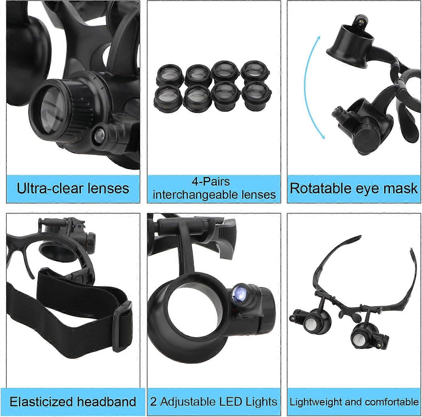 Hands Free Headband Magnifying Glasses with LED Light, 8 Replaceable ...
