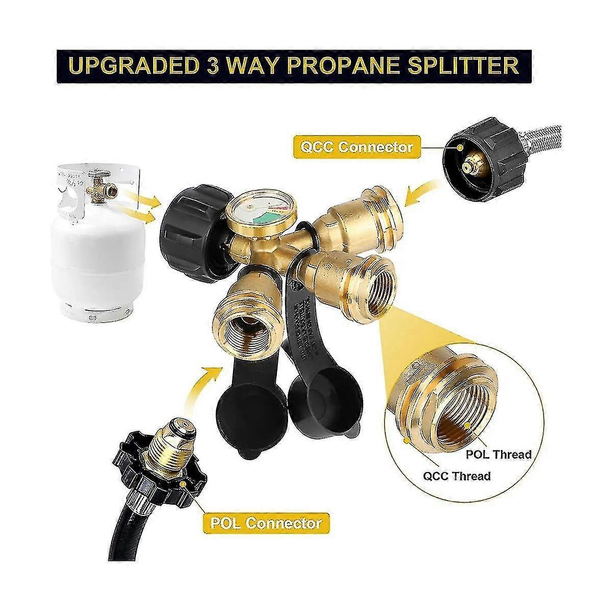 3 Way Propane Splitter, 3 Y Propane Gas Splitter Adapter With Gauge And ...