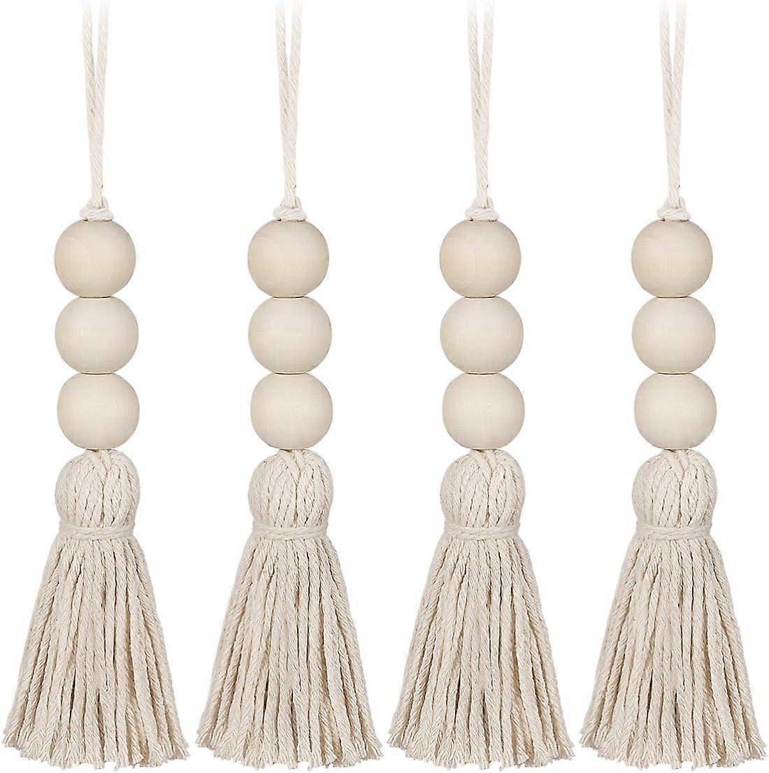4 Pack Tassel Wooden Beads Farmhouse Beads Tassel Natural Rosary Cotton ...