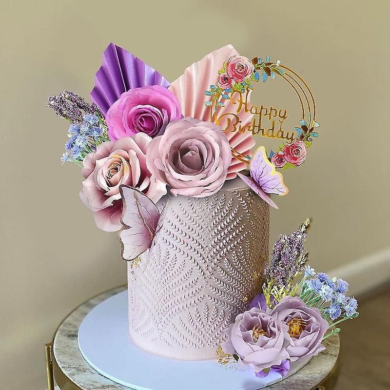 17Pcs Flower Cake Toppers Butterfly Cake Decorations Happy Birthday ...