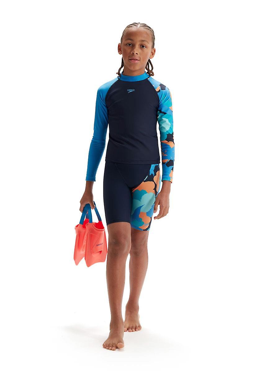 Speedo Boys Printed Long Sleeve Rash Top - True Navy/Baja Blue/ Apricot ...