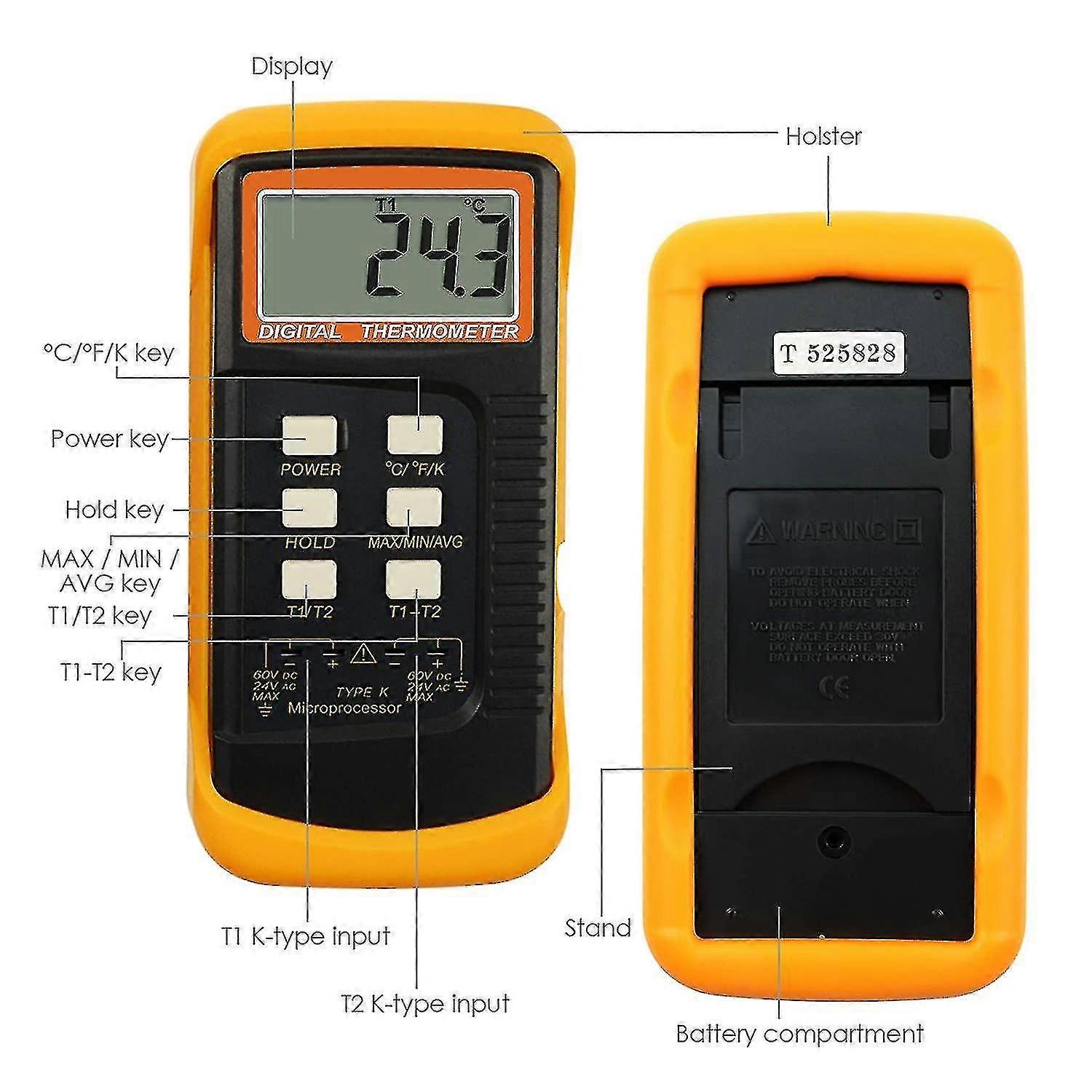 Type K Thermometer With 1300c Thermocouple Sensor (c,f And K With 4 ...