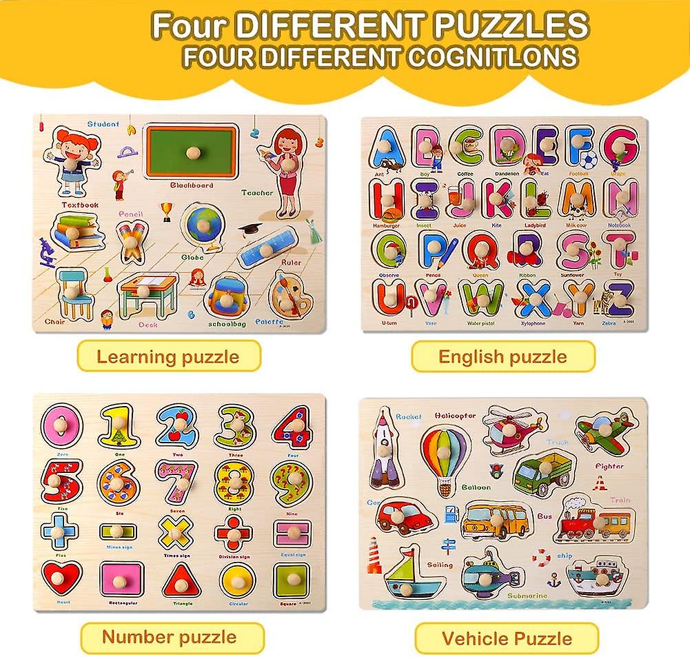 Wooden Peg Puzzles For Toddlers, 4 Pack Abc Alphabet Number Animal ...