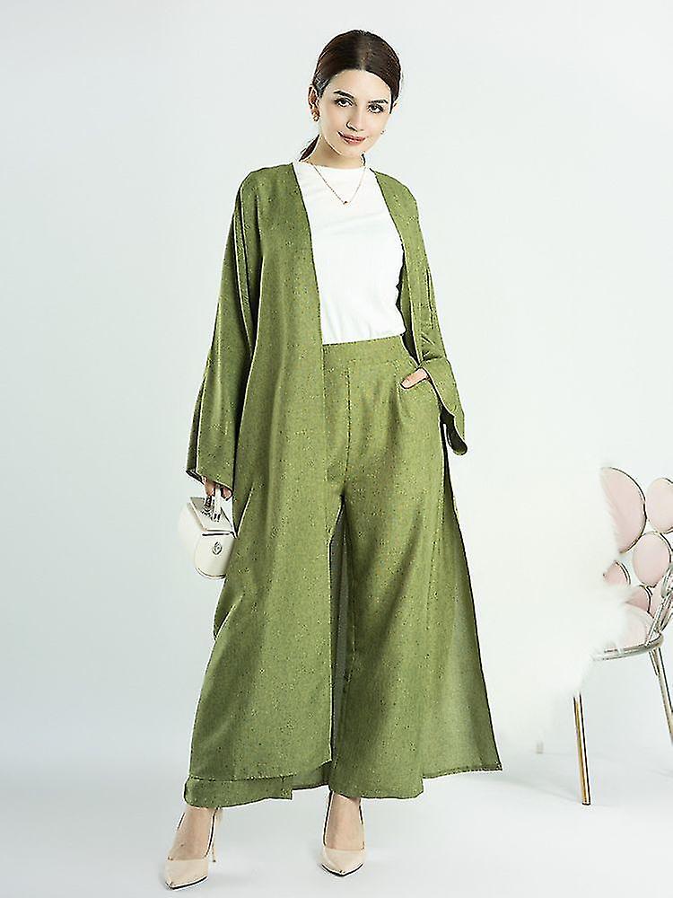 Linen Muslim Sets Dubai Turkey Abaya Kimono + Straight Leg Pants ...