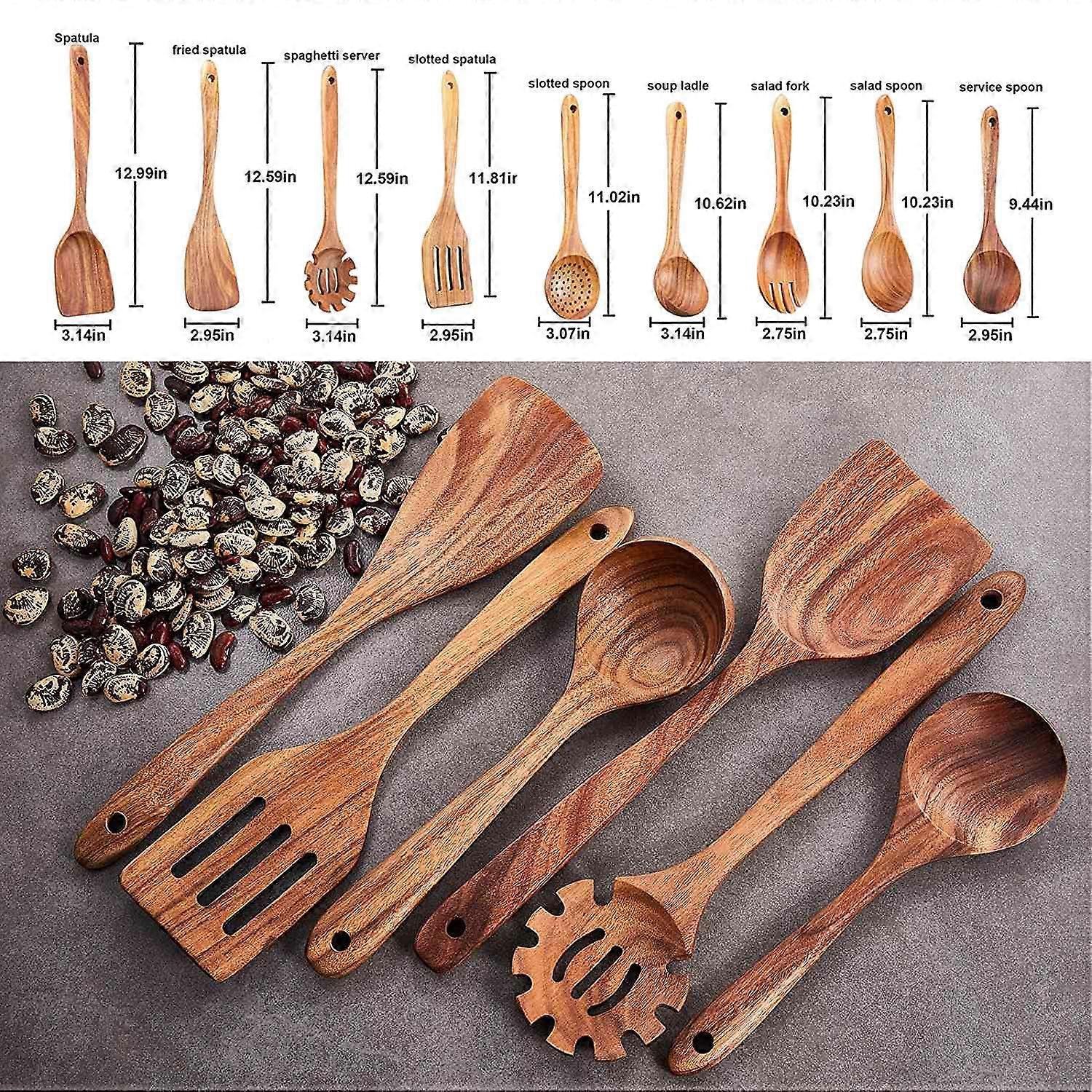 Wooden Kitchen Utensils Set,9 Pcs Wooden Spoons for Cooking,Wooden ...