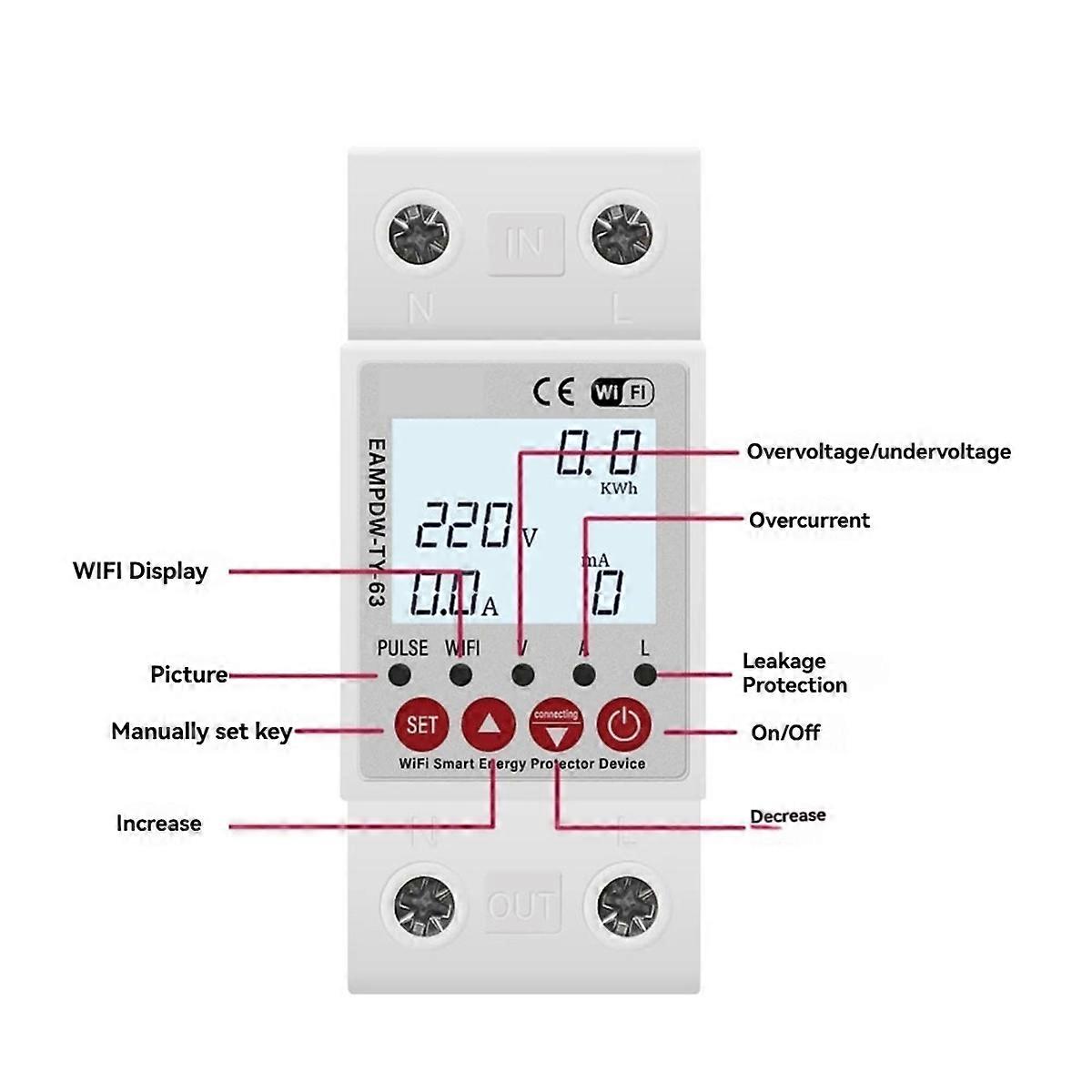 2P 63A TUYA WiFi Smart Protector Relay Device Switch Breaker Earth ...