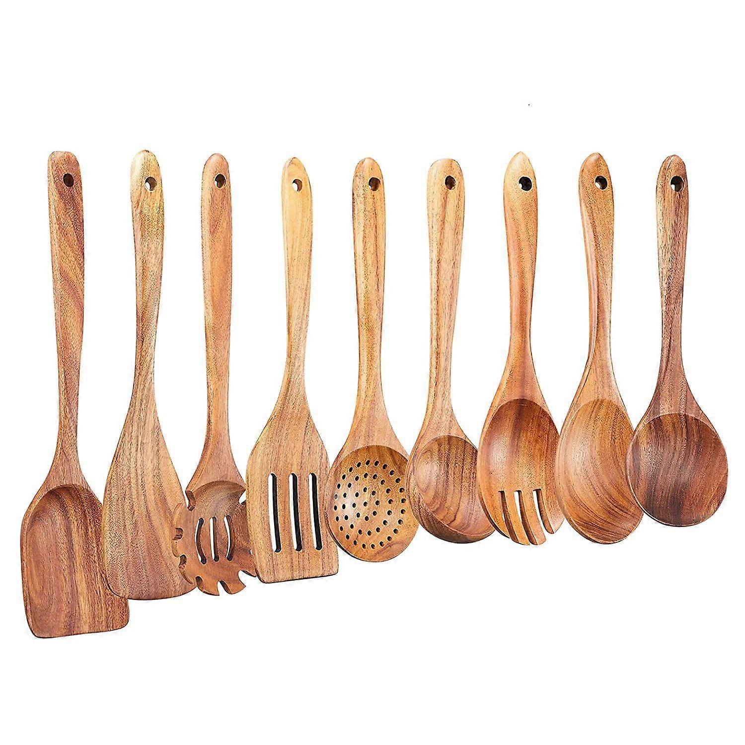 Wooden Kitchen Utensils Set,9 Pcs Wooden Spoons for Cooking,Wooden ...