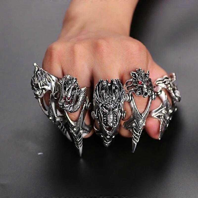 Mens Knuckle Joint Full Finger Double Ring Punk Rock Gothic Hinged Loop ...