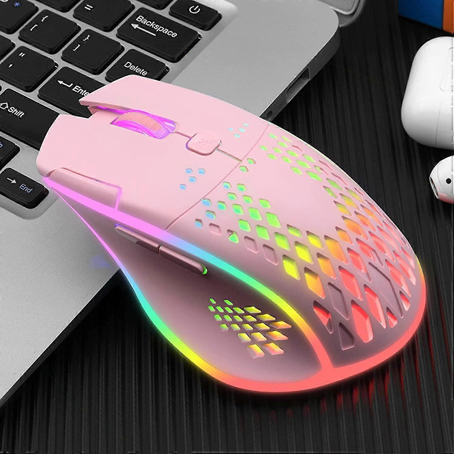 Pink Gaming Mouse, Wireless Mouse Rechargeable Honeycomb Wireless ...