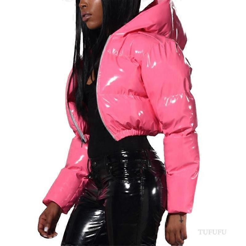 Fashion Cute Women Bright PU Pink Puffer Jacket Winter Warm Bubble ...