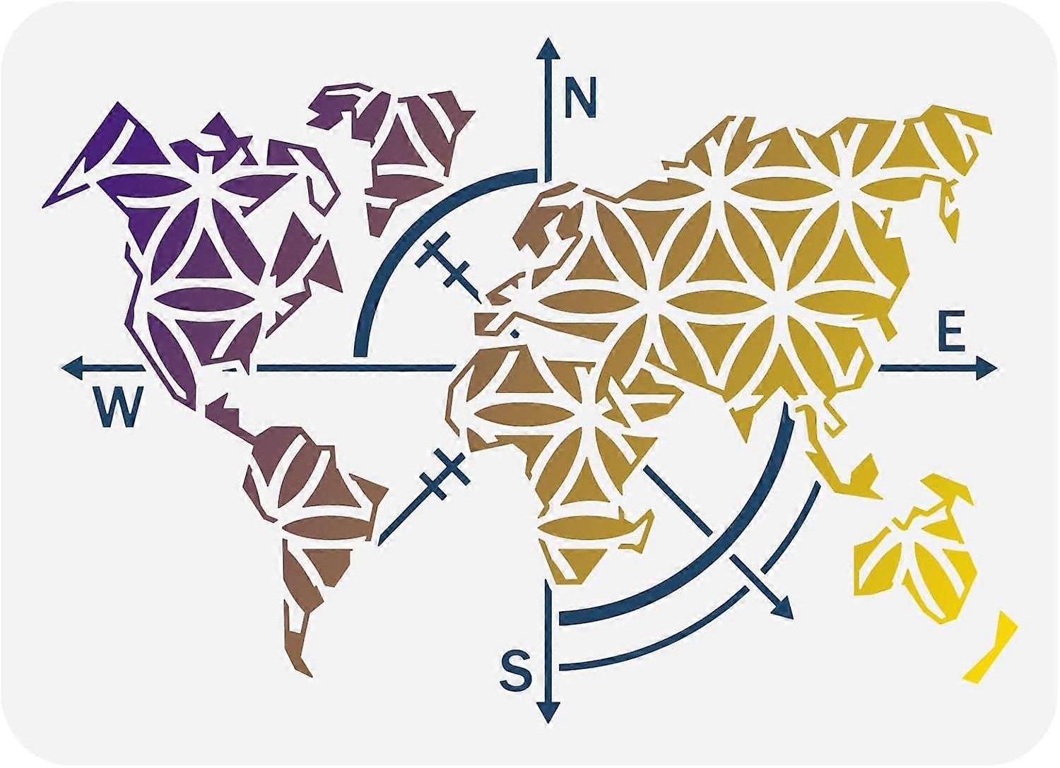 World Map Painting Stencil 11.7x8.3 inch Reusable Flower of Life Map ...