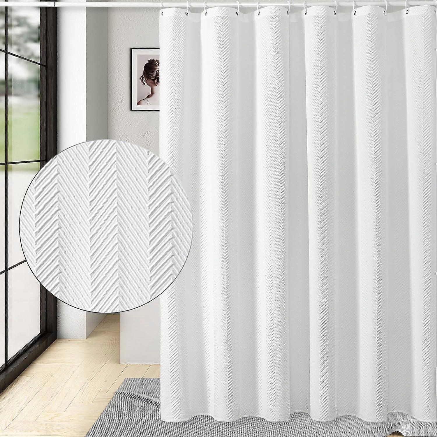 White Shower Curtain, 3D Embossed Textured Herringbone Fabric Modern ...