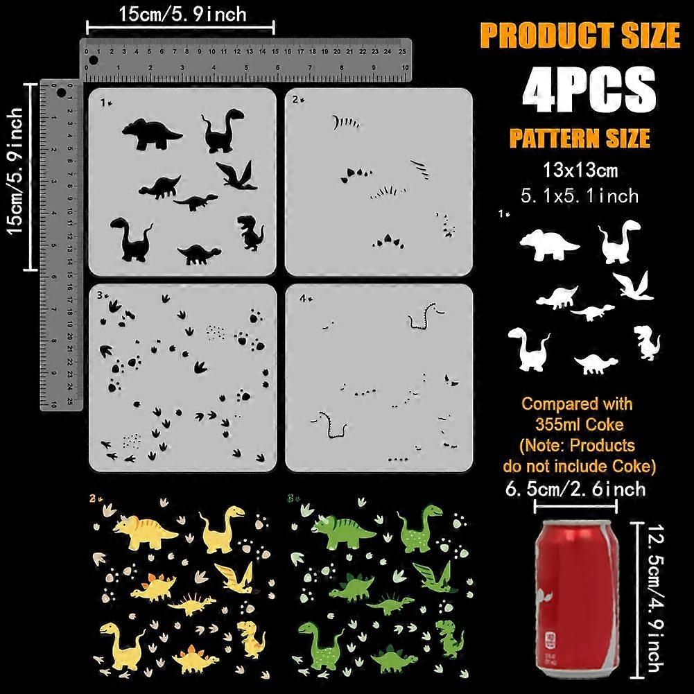 4 Pcs Layered Cartoon Dinosaur Stencil 5.9x5.9" PET Cute Dinosaur Painting Stencils Pteranodon ...