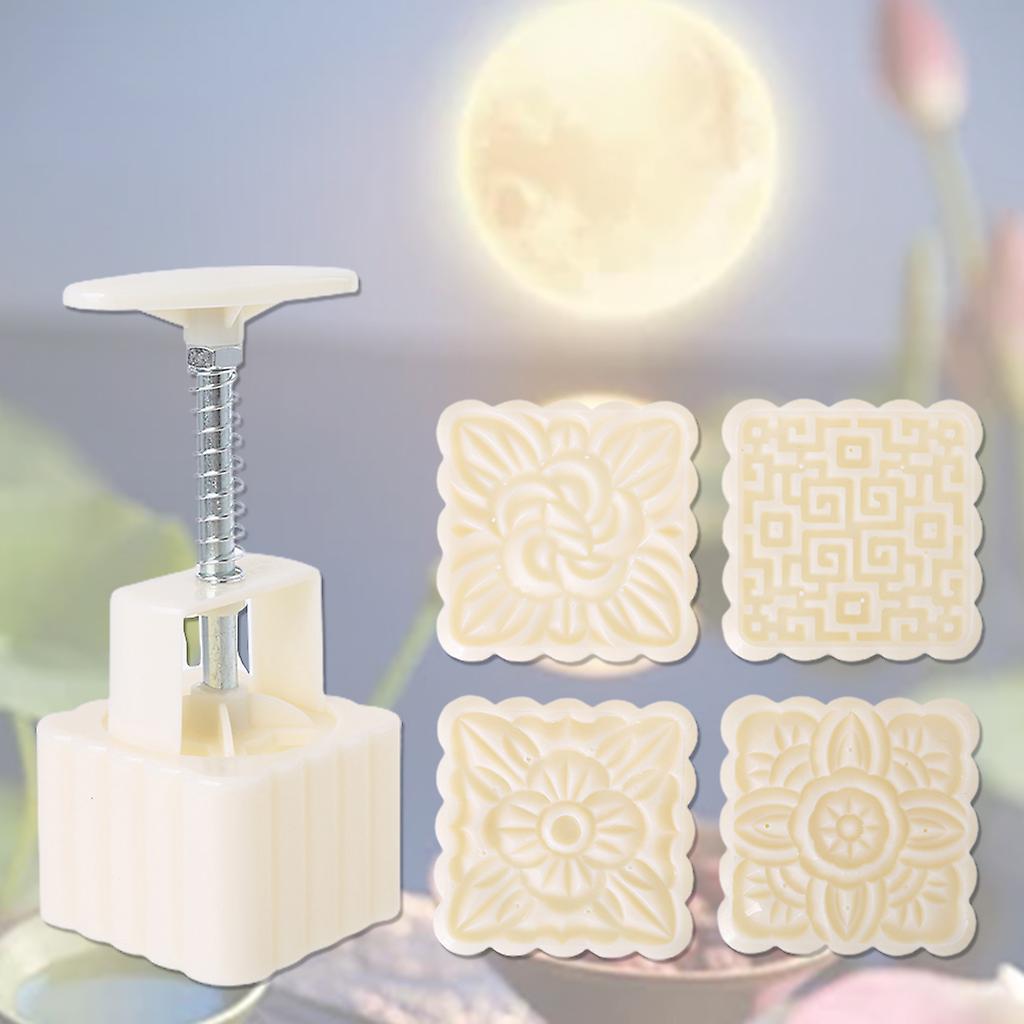 4pcs Square Hand Press Stamp Moon Cake Decor Barrel Mooncake Mold 100g ...