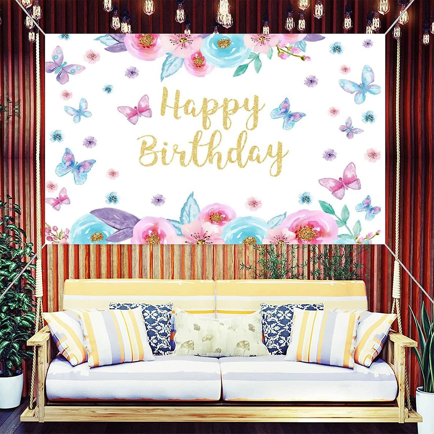 Happy Birthday Backdrop Watercolor Flowers Butterfly Birthday ...