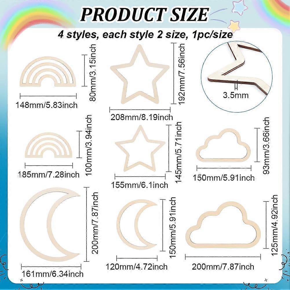 8Pcs 4 Styles Wooden Outline Moon & Star & Cloud & Rainbow Wood Macrame ...