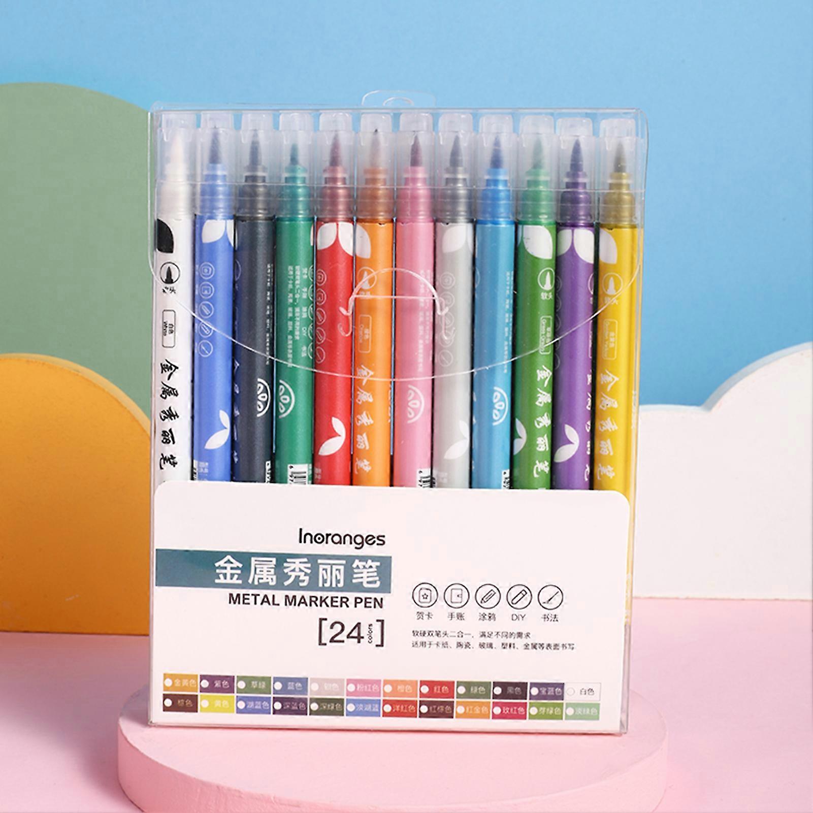 24 Colors Metallic Marker Pens 1-2mm Brush Pens Markers for Coloring ...